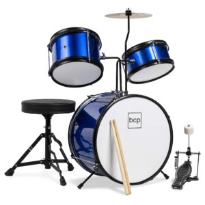 best choice products kids drum set 3-piece beginner drum set junior drum set, w/ throne stool, cymbal, drum sticks, bass drum pedal, 2 toms - blue