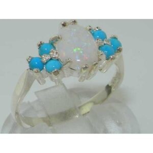 LetsBuyGold 925 Sterling Silver Natural Opal and Turquoise Womens Anniversary Ring - Size 9.25