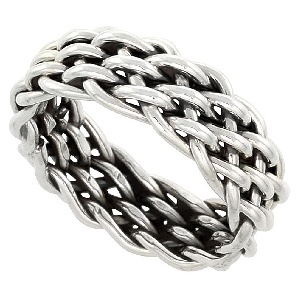 Sterling Silver Wire Braided Ring Handmade 3/8 inch wide, size 5