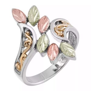 fancy bypass scrollwork ring, 10k yellow gold, sterling silver, 12k green and rose gold black hills gold motif, size 7