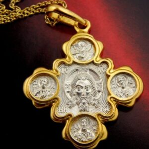 Image of the Christ The Savior Russian Neck Cross Pendant Kazan Icon of the Mother of God With Main Saints Healers - 2 Sided, Silver Gold Plate 1 1/4 Inch