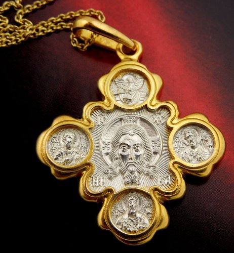 Image of the Christ The Savior Russian Neck Cross Pendant Kazan Icon of the Mother of God With Main Saints Healers - 2 Sided, Silver Gold Plate 1 1/4 Inch