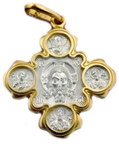 image of the christ the savior russian neck cross pendant kazan icon of the mother of god with main saints healers - 2 sided, silver gold plate 1 1/4 inch