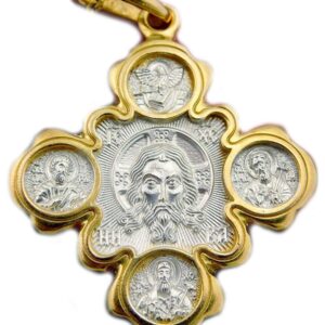 Image of the Christ The Savior Russian Neck Cross Pendant Kazan Icon of the Mother of God With Main Saints Healers - 2 Sided, Silver Gold Plate 1 1/4 Inch