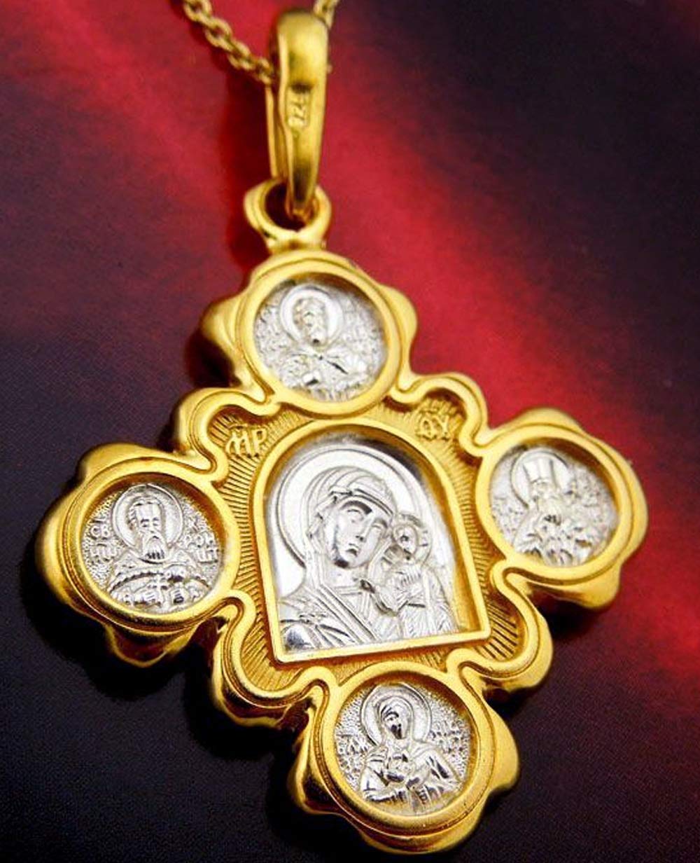 Image of the Christ The Savior Russian Neck Cross Pendant Kazan Icon of the Mother of God With Main Saints Healers - 2 Sided, Silver Gold Plate 1 1/4 Inch