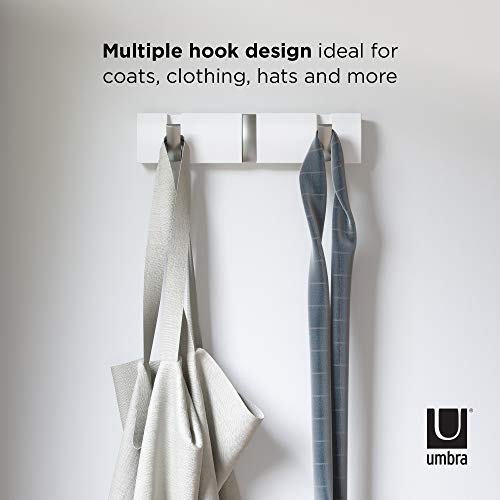 Umbra Flip Wall-Mounted Coat Rack Rail Hook for Hats, Jackets, Bags and More – Modern, Space-Saving Storage Organizer for Entryway, Mudroom, Closet, Bathroom, Bedroom, Kids Room, or Nursery, 3 Hooks, White/Nickel