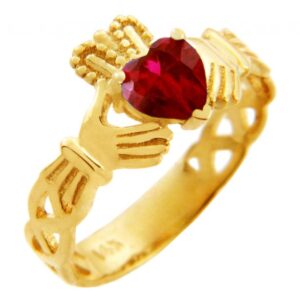 Claddagh Rings 14k Yellow Gold Celtic Knot Band with Red CZ Heart (7)