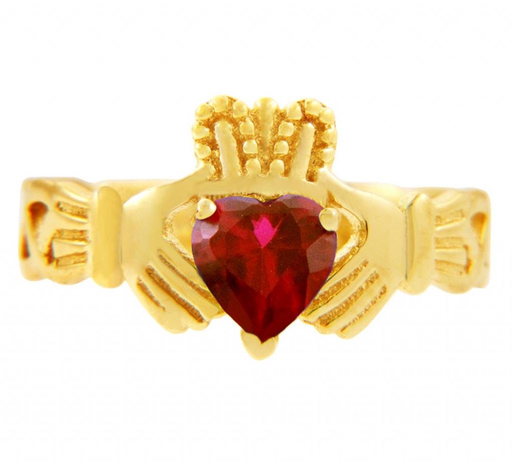 Claddagh Rings 14k Yellow Gold Celtic Knot Band with Red CZ Heart (7)