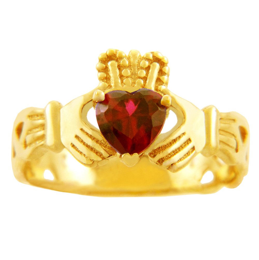 Claddagh Rings 14k Yellow Gold Celtic Knot Band with Red CZ Heart (7)