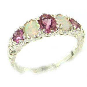 letsbuygold 14k white gold natural pink tourmaline and opal womens band ring - size 4.75