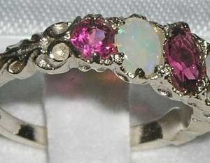 LetsBuyGold 14k White Gold Natural Pink Tourmaline and Opal Womens Band Ring - Size 4.75