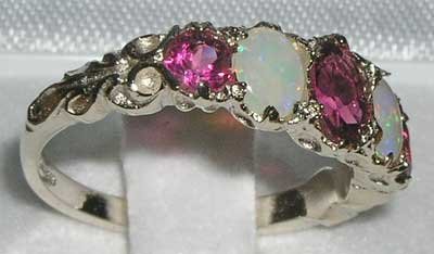 LetsBuyGold 14k White Gold Natural Pink Tourmaline and Opal Womens Band Ring - Size 4.75