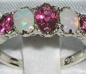 LetsBuyGold 14k White Gold Natural Pink Tourmaline and Opal Womens Band Ring - Size 4.75