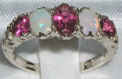 LetsBuyGold 14k White Gold Natural Pink Tourmaline and Opal Womens Band Ring - Size 4.75