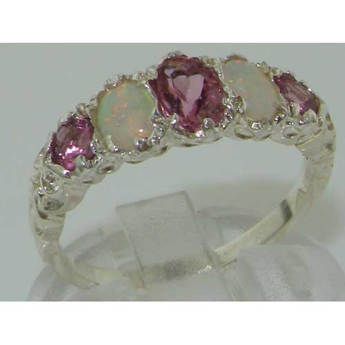 LetsBuyGold 14k White Gold Natural Pink Tourmaline and Opal Womens Band Ring - Size 4.75