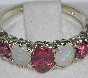 LetsBuyGold 14k White Gold Natural Pink Tourmaline and Opal Womens Band Ring - Size 4.75