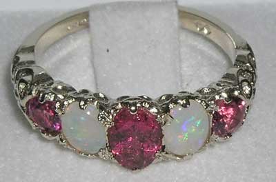 LetsBuyGold 14k White Gold Natural Pink Tourmaline and Opal Womens Band Ring - Size 4.75