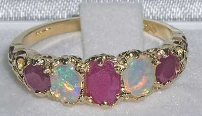 LetsBuyGold 14k Yellow Gold Natural Ruby and Opal Womens Band Ring - Size 4.75