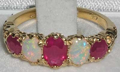 LetsBuyGold 14k Yellow Gold Natural Ruby and Opal Womens Band Ring - Size 4.75