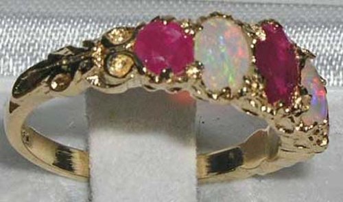 LetsBuyGold 14k Yellow Gold Natural Ruby and Opal Womens Band Ring - Size 4.75