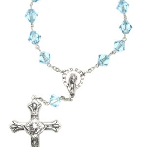 One Decade Auto Rosary made w/Aquamarine Blue Austrian Crystals (March) - Communion, Confirmation, RCIA, Birthday & more