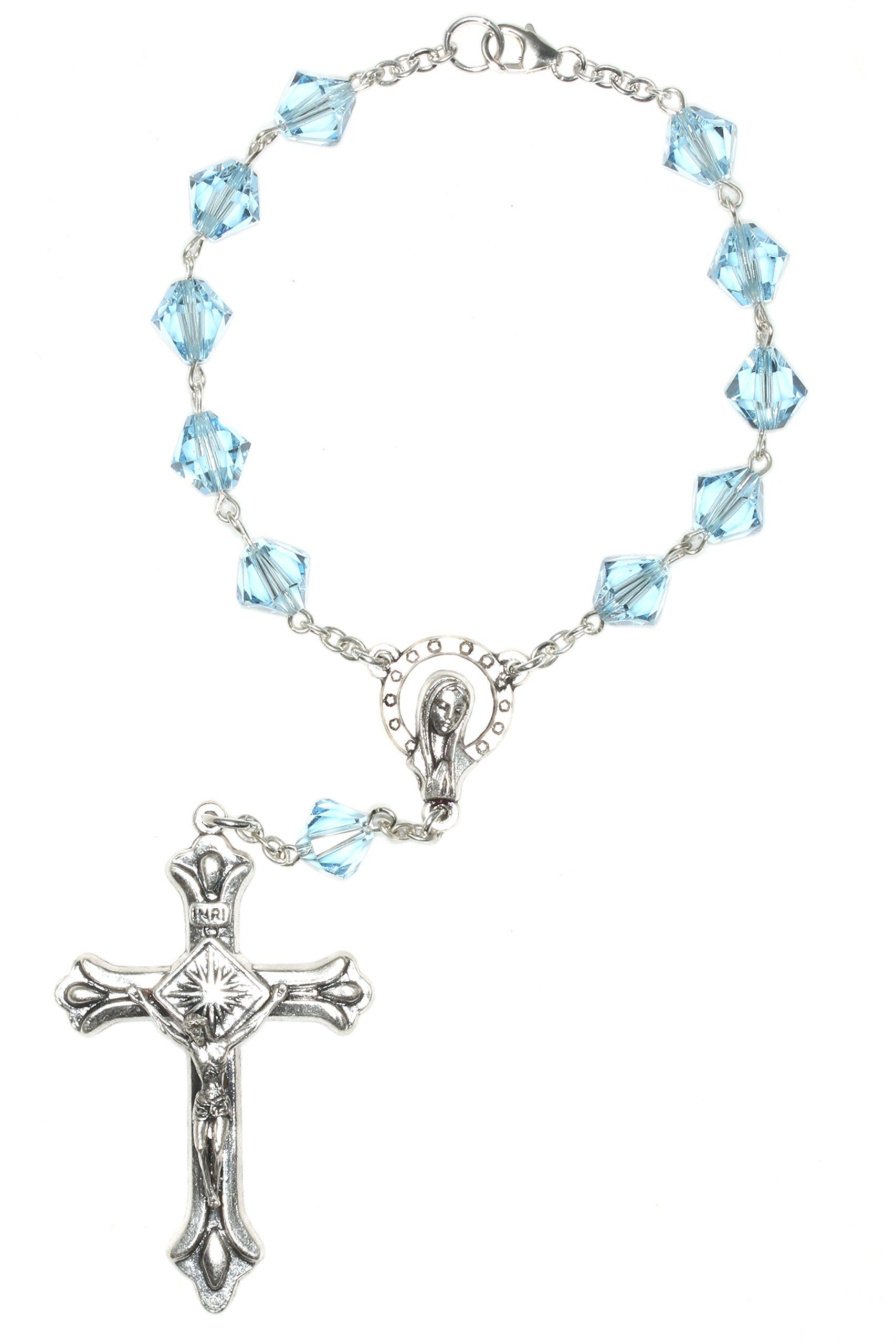 One Decade Auto Rosary made w/Aquamarine Blue Austrian Crystals (March) - Communion, Confirmation, RCIA, Birthday & more