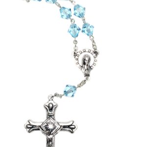 One Decade Auto Rosary made w/Aquamarine Blue Austrian Crystals (March) - Communion, Confirmation, RCIA, Birthday & more