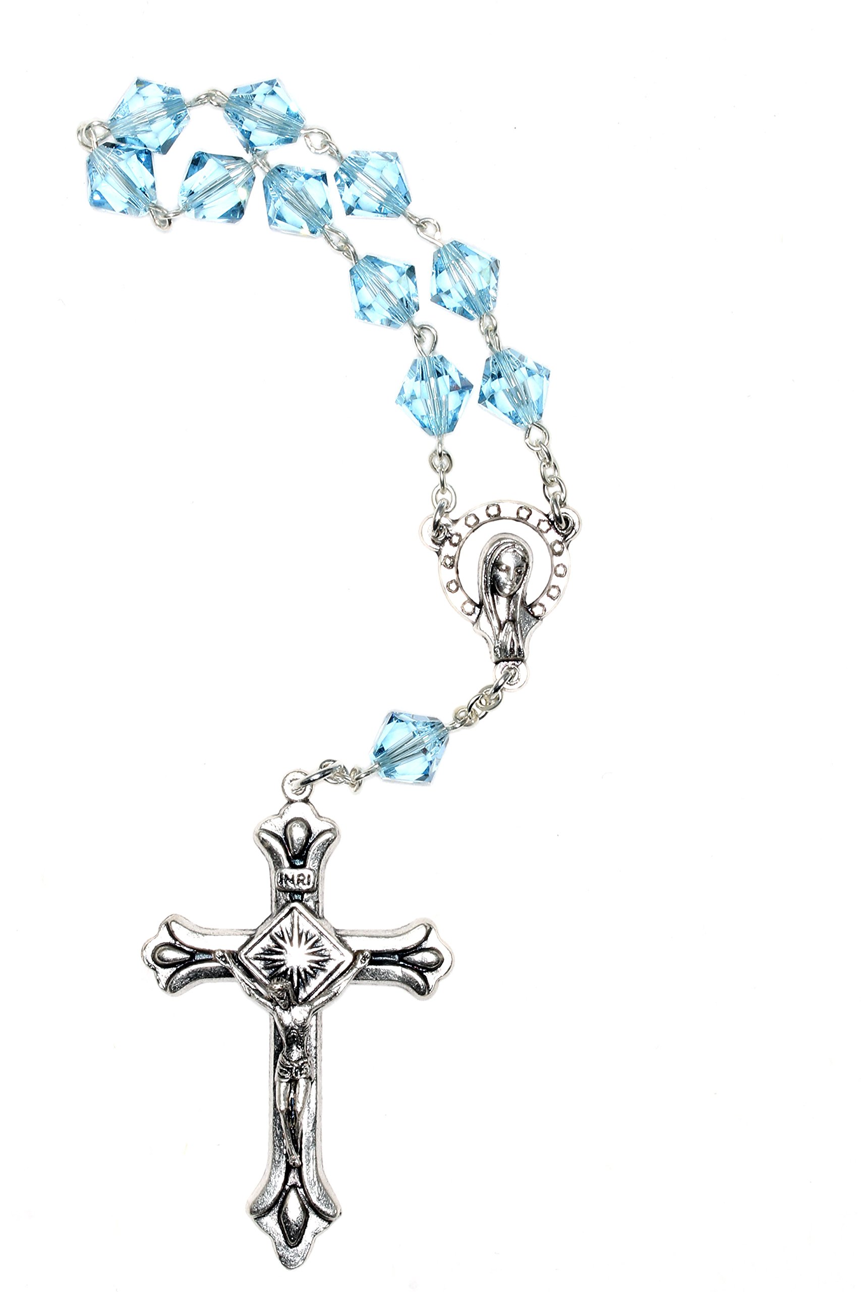 One Decade Auto Rosary made w/Aquamarine Blue Austrian Crystals (March) - Communion, Confirmation, RCIA, Birthday & more