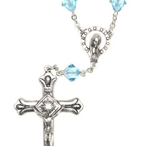 One Decade Auto Rosary made w/Aquamarine Blue Austrian Crystals (March) - Communion, Confirmation, RCIA, Birthday & more