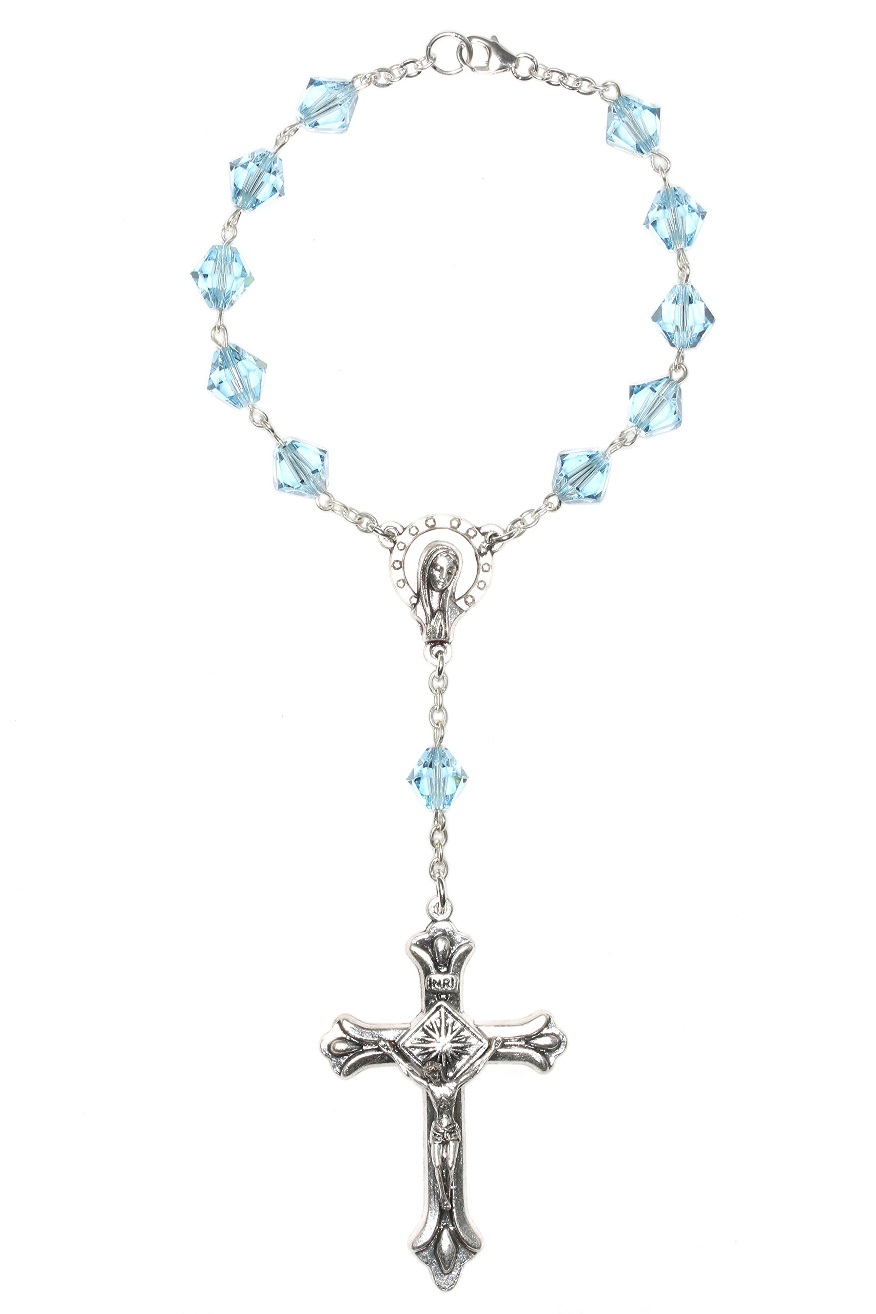 One Decade Auto Rosary made w/Aquamarine Blue Austrian Crystals (March) - Communion, Confirmation, RCIA, Birthday & more