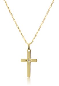 amazon essentials womens 14k yellow gold solid diamond-accented cross pendant necklace, 18" (previously amazon collection)