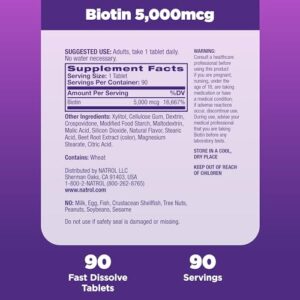 Natrol Beauty Biotin 5000mcg, Dietary Supplement for Healthy Hair, Skin, Nails and Energy Metabolism, 90 Strawberry-Flavored Fast Dissolve Tablets, 90 Day Supply