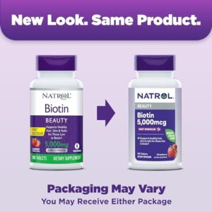 Natrol Beauty Biotin 5000mcg, Dietary Supplement for Healthy Hair, Skin, Nails and Energy Metabolism, 90 Strawberry-Flavored Fast Dissolve Tablets, 90 Day Supply