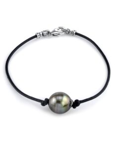 the pearl source sterling silver 12mm aaaa quality baroque black tahitian cultured pearl leather bracelet for women