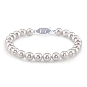 The Pearl Source 14K Gold 7-7.5mm AAA Quality Round White Japanese Akoya Saltwater Cultured Pearl Bracelet for Women