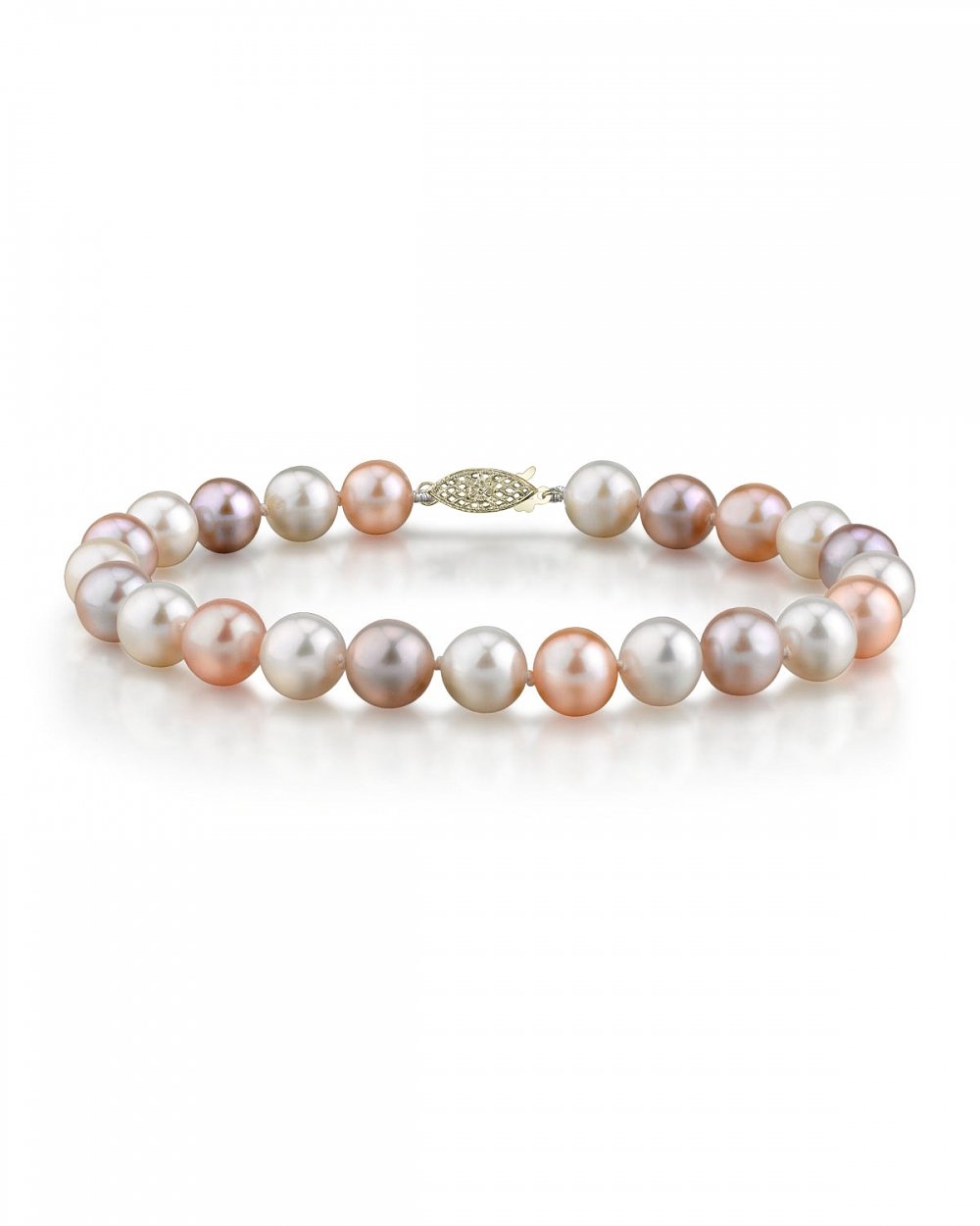 The Pearl Source 14K Gold 8-9mm AAAA Quality Round Multicolor Freshwater Cultured Pearl Bracelet for Women