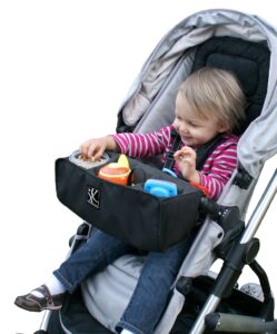 j.l. childress food 'n fun universal stroller snack tray - cup holder, no-throw strap, toy loops - removable stroller snack tray - black