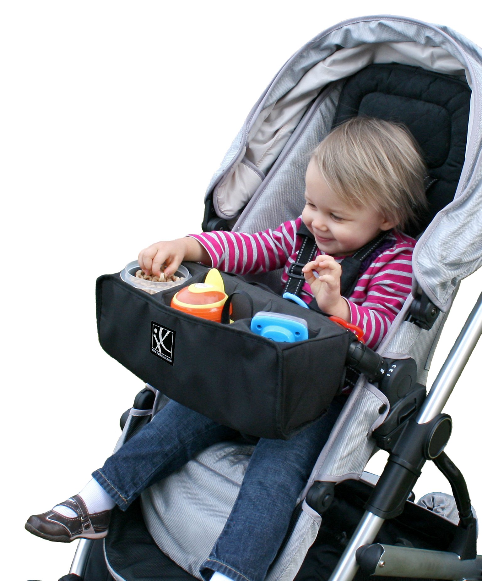 J.L. Childress Food 'N Fun Universal Stroller Snack Tray - Cup Holder, No-Throw Strap, Toy Loops - Removable Stroller Snack Tray - Black