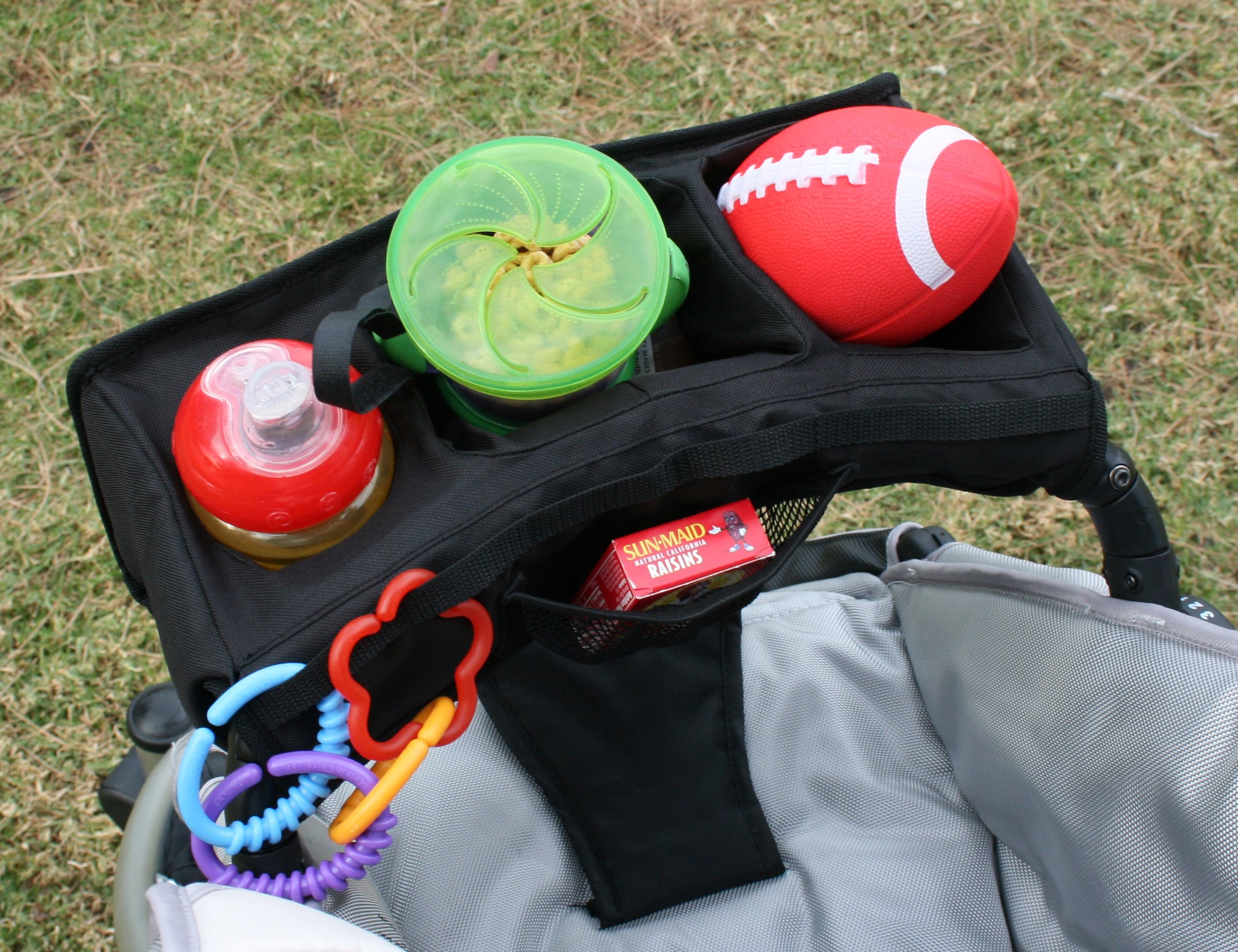 J.L. Childress Food 'N Fun Universal Stroller Snack Tray - Cup Holder, No-Throw Strap, Toy Loops - Removable Stroller Snack Tray - Black