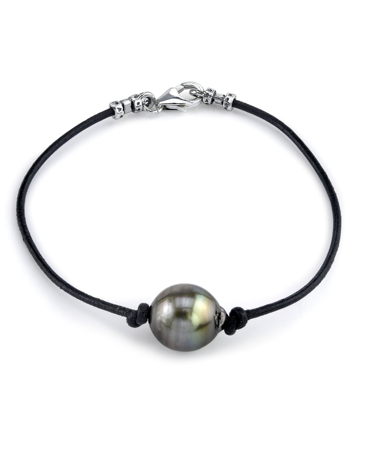 The Pearl Source Sterling Silver 10-11mm Baroque Black Tahitian South Sea Cultured Pearl Leather Bracelet for Women