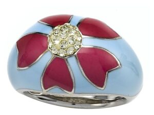 finejewelers blue and pink enamel sterling silver ring with yellow cz's size 7