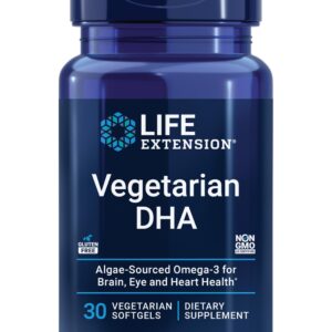 Life Extension Vegetarian DHA - Algae Plant based Omega3 Fatty Acid DHA Supplements for Eye, Brain & Heart Health Support for Adult and Kids - Gluten-Free, Vegetarian, Non-GMO - 30 Softgels