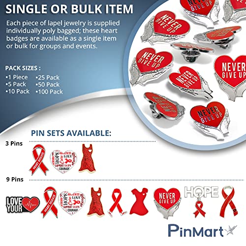 PinMart Heart Disease Awareness Enamel Lapel Pin – Gold Plated Glitter Red Dress Pin – Support Heart Health – Jewelry Brooch Pin with Secure Clutch Back