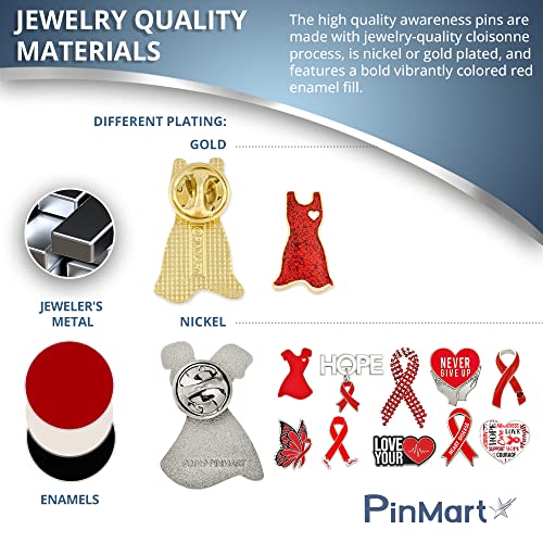 PinMart Heart Disease Awareness Enamel Lapel Pin – Gold Plated Glitter Red Dress Pin – Support Heart Health – Jewelry Brooch Pin with Secure Clutch Back