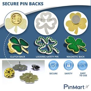 PinMart St. Patrick's Day Lapel Pin – Green Four Leaf Clover Jewelry for Women and Men – Irish Culture Celebration Pin –Gold Plated Enamel Brooch with Clutch Back