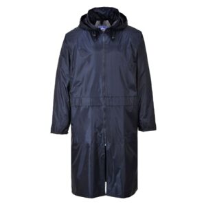 portwest s438 men's waterproof raincoat - lightweight long rain jacket with hood and pockets navy, large