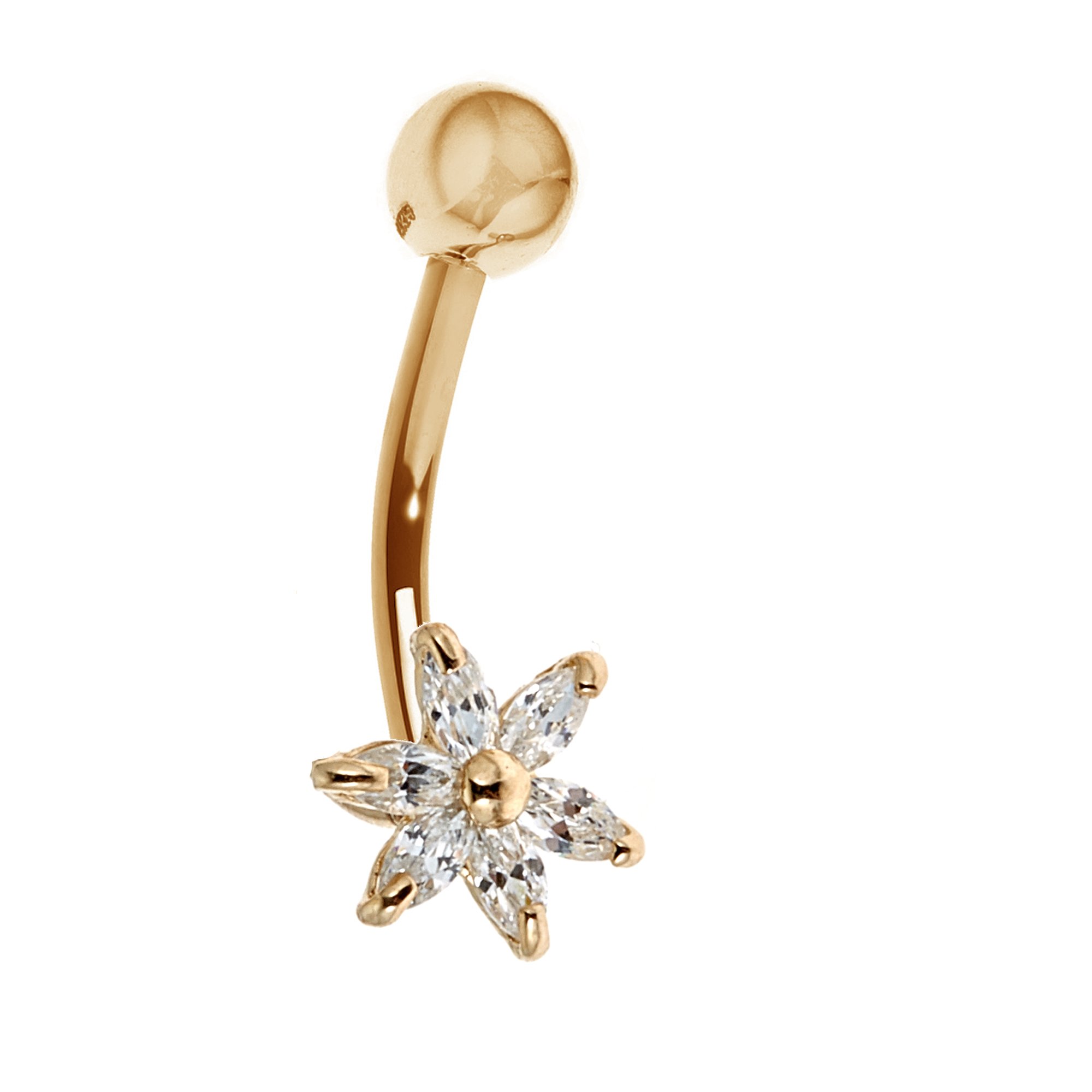 Ritastephens 14k Yellow Gold Belly Button Cubic Zirconia 6 Petals Flower Navel Ring