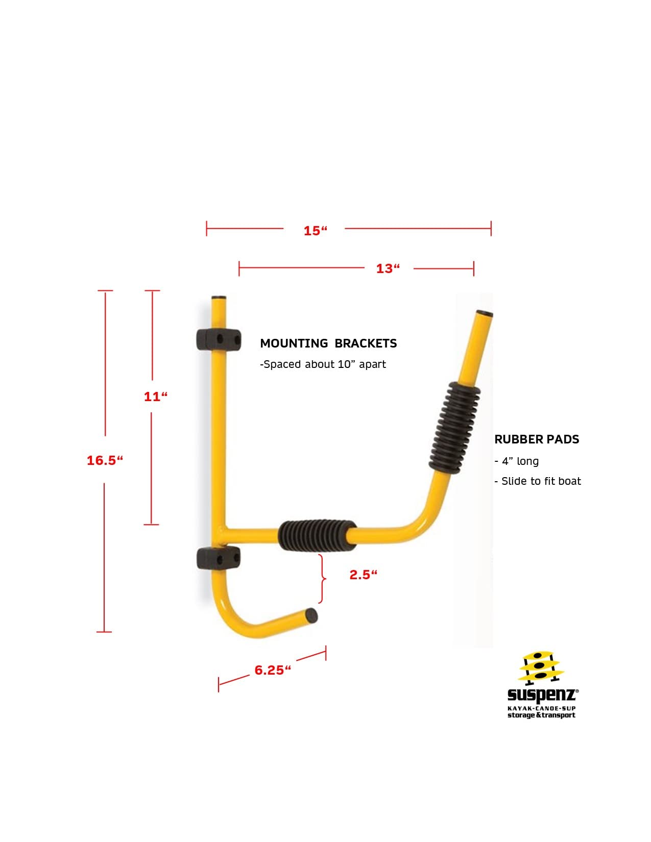 Suspenz Kayak Folding Storage Rack, Wall Hangers, Hooks, Indoor & Outdoor Use, Weight Capacity 75 lbs, Yellow, (12-8601)