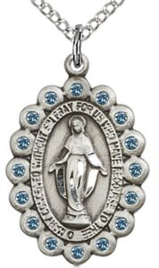 heartland store women's sterling silver and blue glass crystals miraculous medal with 18" sterling silver chain