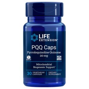 life extension pqq caps, pyrroloquinoline quinone, 20 milligrams 30 vegetarian capsules. pack of 2 bottles.